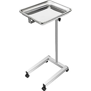 VEVOR Lab Cart Stainless Steel Mayo Tray Stand 18x14 Inch Trolley Mayo Stand Adjustable Height 32-51 Inch Instrument Tray with Removable Tray & 4 Omnidirectional Wheels for Home Equipment Personal Car