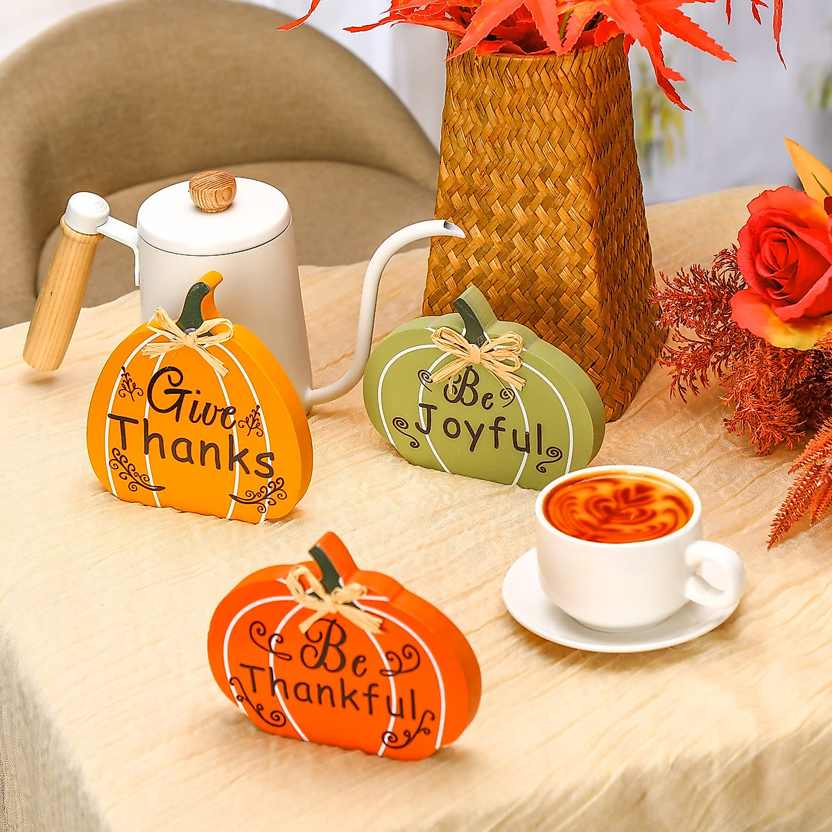 3 Pcs Fall Wooden Pumpkin Sign Fall Thankful Joyful Thanks Pumpkin Tiered Tray Decor Fall Table Signs Harvest Thanksgiving Wood Block Sign for Home Party Halloween Decorations (Orange, Green, Yellow)