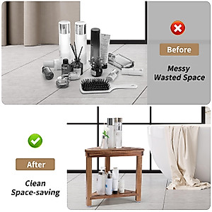 Boulphia Shower Foot Rest 14in, Acacia Wood Shower Stool for Shaving Legs, Waterproof Corner Shower Stool with Storage Shelf for Inside Small Shower Spaces