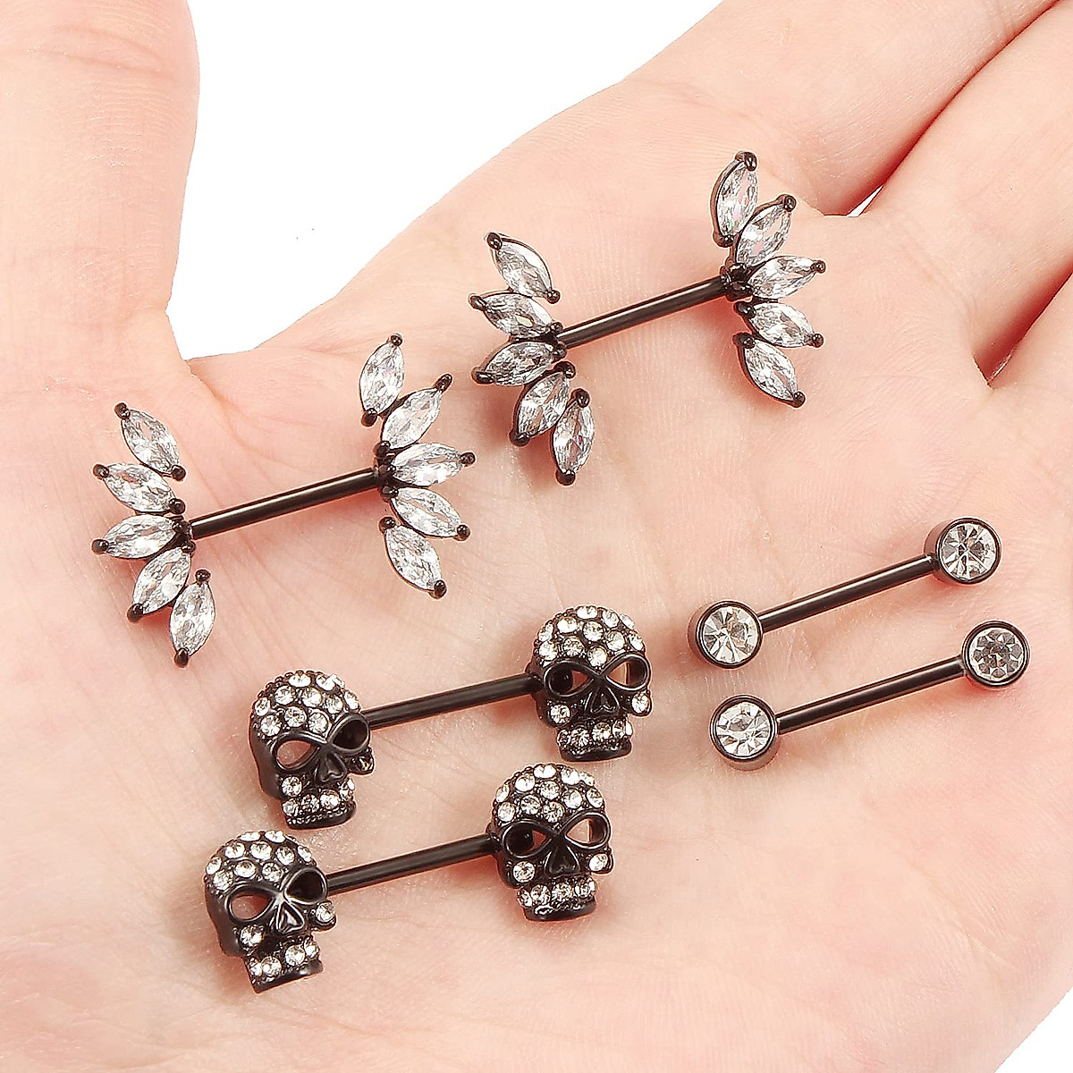 Vsnnsns 14G Nipple Rings for Women Stainless Steel Skull Nipple Rings CZ Nipple Piercing Jewelry Nipple Rings Surgical Steel Nipple Jewelry Barbell Body Piercing Jewelry Black
