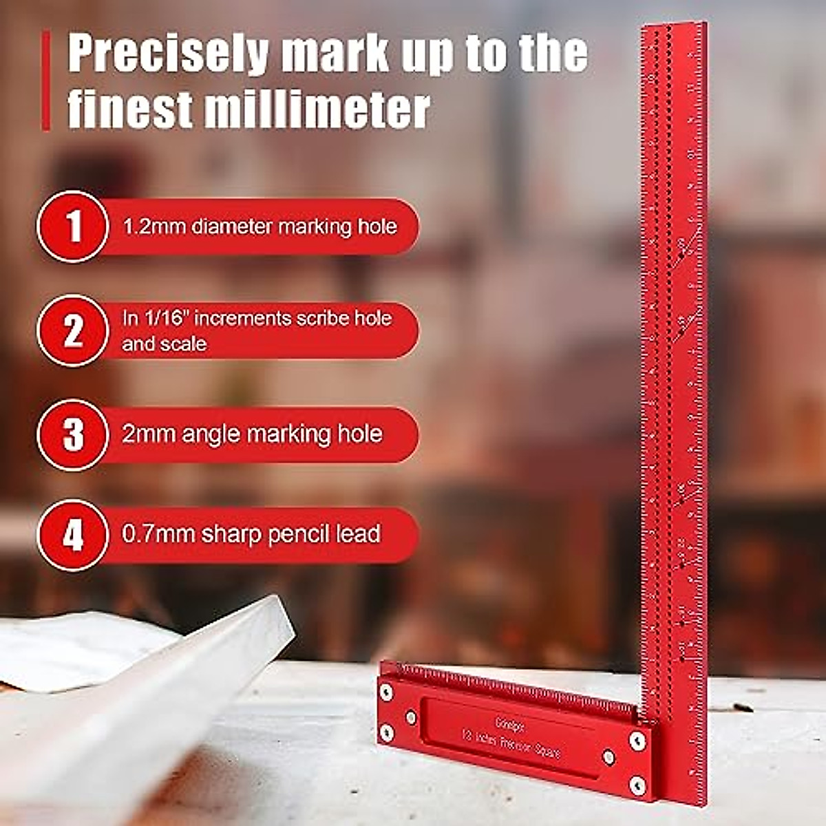 12 inch Try Square Ruler with 0.7mm Mechanical Pencil and 0.7mm Lead Refill, Carpenter Precision Woodworking Square, L Square, CNC-Machined, Metal Aluminum