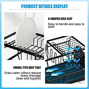 7 code Large Dish Drying Rack,2-Tier Dish Racks for Kitchen Counter,Detachable Large Capacity Dish Drainer Organizer with Utensil Holder, Dish Drying Rack with Drain Board ,Black