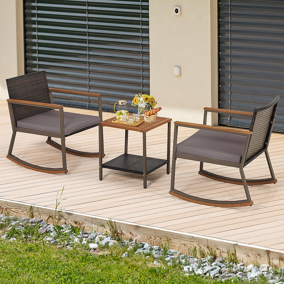 Tangkula 3 Pieces Rocking Bistro Set, Outdoor Rocker Chair with Coffee Table & Cushions, Patio Rattan Furniture Conversation Set for Balcony Porch Poolside (Gray)