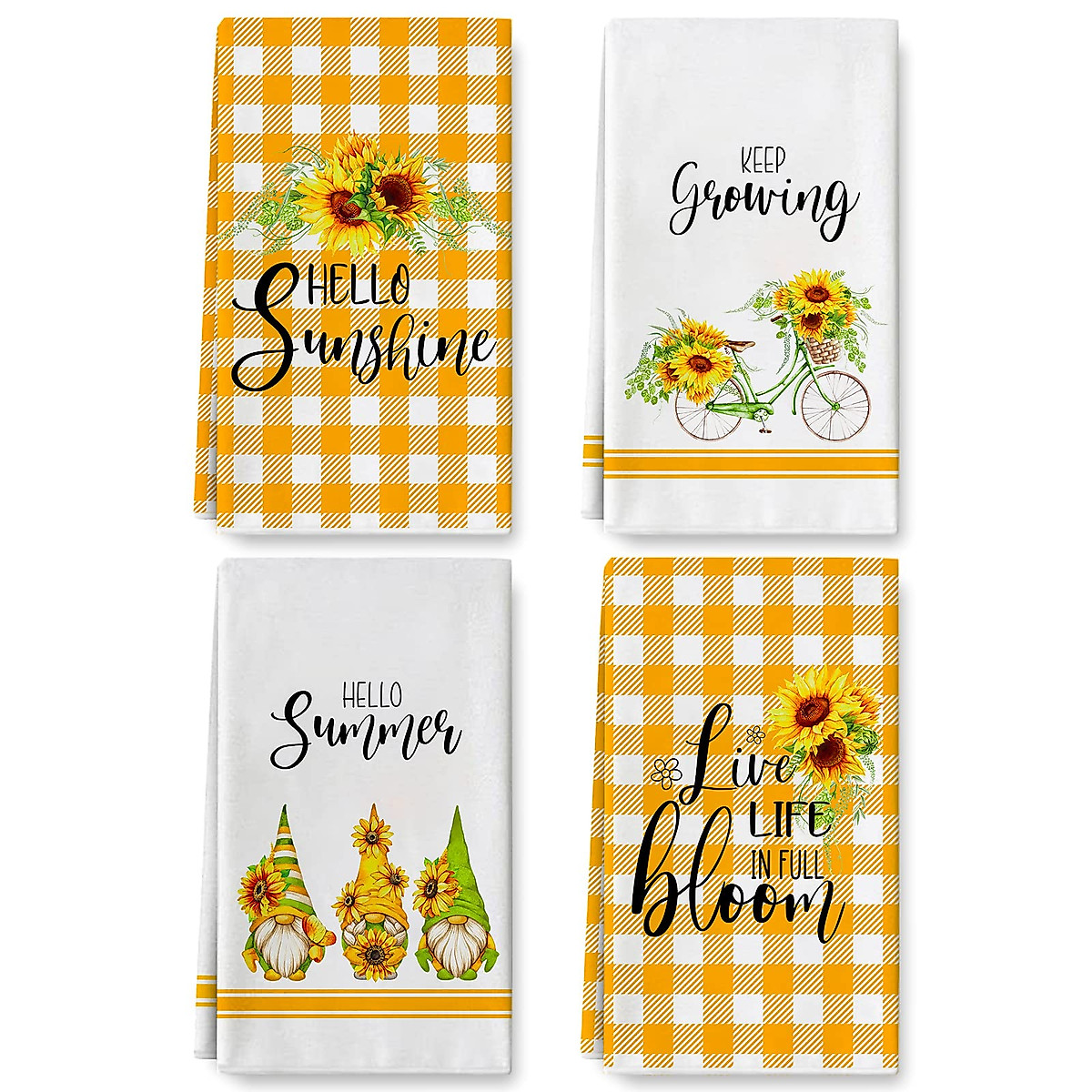 AnyDesign Sunflower Dish Towel 18x28 Inch Spring Summer Tea Towel Orange White Buffalo Plaids Flower Dishcloth Hello Sunshine Gnome Decorative Hand Towel for Bathroom Cooking, 4Pcs, A0196