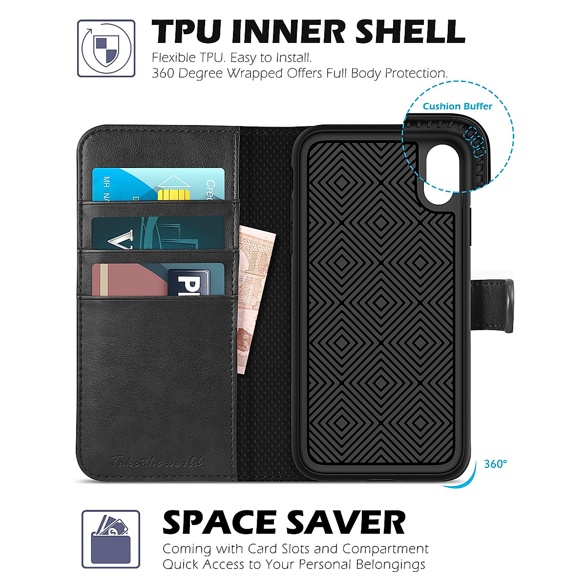 TUCCH Case Wallet for iPhone Xs Max, PU Leather Flip Cover with RFID Blocking Card Slot, Stand [Auto Wake/Sleep] Wireless Charging Shockproof TPU Shell Compatible with iPhone Xs Max 6.5", Black