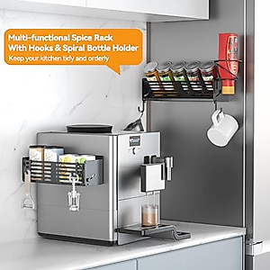 CLESOO Magnetic Spice Rack for Refrigerator, 2 Pack Moveable Magnet Organizer for Spice Jars and Seasonings, Wall Mounted Fridge Shelves with Spiral Holder and 4 Hooks for Kitchen and Stove