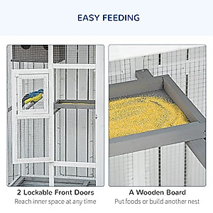 PawHut 64.5" Wooden Bird Cage Aviary, Flight Cage with 4 Perches, Nest and Slide-Out Tray for Indoor/Outdoor, Gray