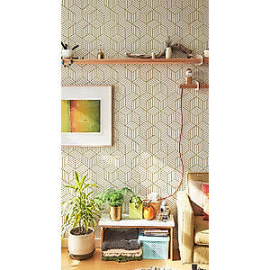 Geometric Wallpaper Peel and Stick Wallpaper Removable Self Adhesive Wall paper White/Gold Striped Hexagon Contact Paper for Cabinets Shelf Drawer Liner Renter Friendly Vinyl Roll 17.7"x118.1" Upgrade