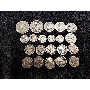 1913 to 1964 U.S. Silver Type Coin Set -Walking Liberty Half, Franklin Half, 4-Washington Quarters, 3=Mercury Dimes, 2-Roosevelt Dimes & 10-Buffalo Nickels - a total of 21 Coins - (1/2) US Mint - All VG to XF