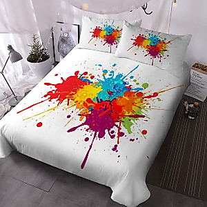 BlessLiving Bright Colorful Rainbow Bedding Set 3 Pieces Girls Paint Splatter Abstract White Duvet Cover Pop Art Home Decor Bedroom Set (Twin)