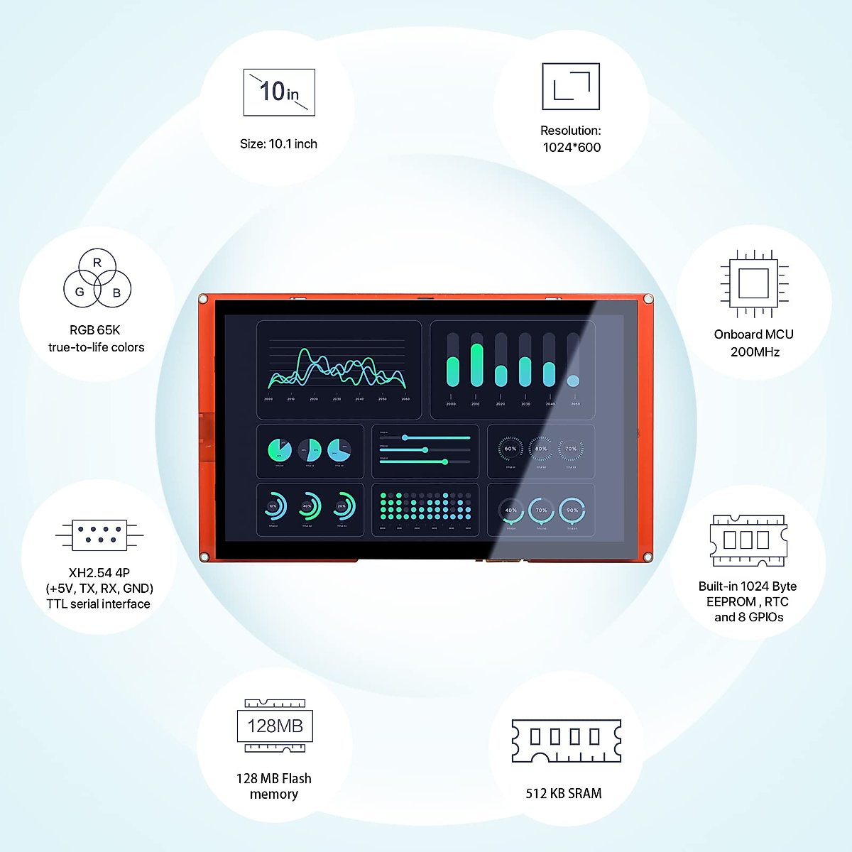 Nextion 10.1″ Intelligent Series HMI Display NX1060P101-011C-I Capacitive LCD-TFT Touch Screen 1024 * 600, Widely Used in Vehicle HMI, 3D Printer, Support Video Audio Animation Play Functions.