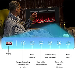 Oxhark Flame 36inch Electric Fireplace in Wall Recessed and Wall Mounted Fireplace Electric, 13 Flame Colors, Realistic Logs &Crystals Fuel Bed, Adjustable Temperature and Timer,750W/1500W, Black