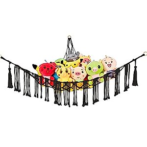 Stuffed Animal Net or Hammock, Porsuluola Macrame Toy Net Hammock for Stuffed Animals with Tassel Wall Corner Toy Storage Hammock Kids Hanging Mesh Toy Net Organizer Black
