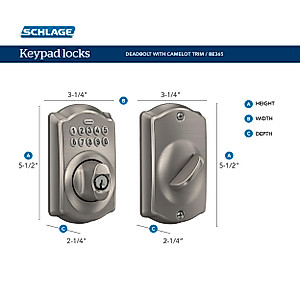 Schlage BE365 V CAM 619 Camelot Keypad Deadbolt, Electronic Keyless Entry Lock, Satin Nickel