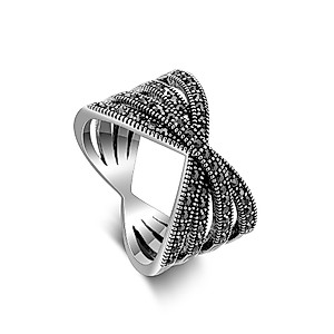 Aprilery Black Rings for Women, Vintage Cross Marcasite Rings Statement Big Chunky Aesthetic Ring Costume Jewelry for Her