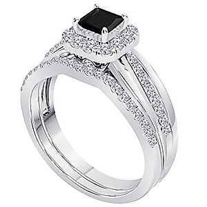 Jewelryhub 2CT Princess Cut Black Cz Diamond 925 Sterling Silver Wedding Bridal Set Split Shank Halo Engagement Ring Set Size 4-12