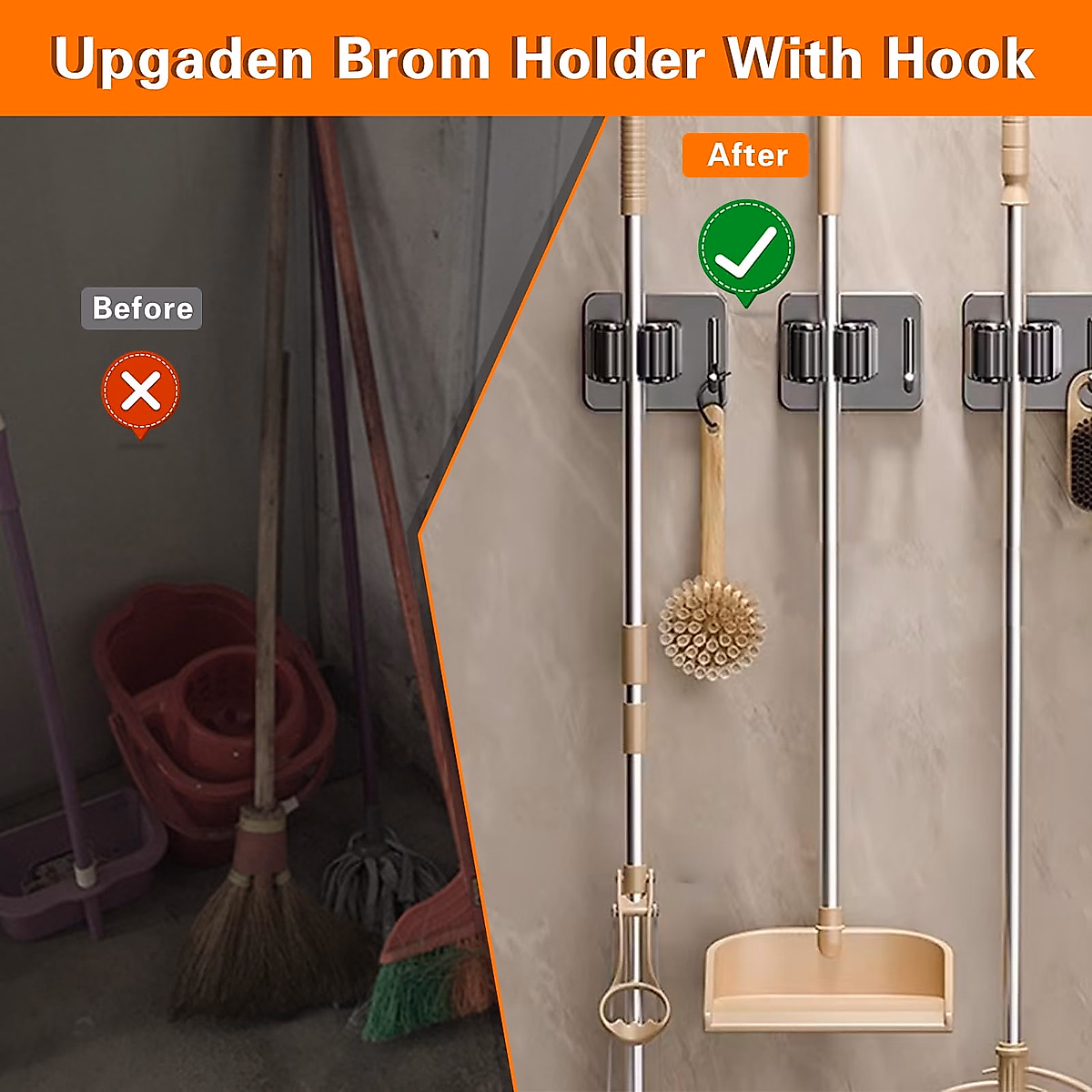 Mop Broom Holder-Self Adhesive Stainless Steel Broom Hanger Organizer for Bathroom, Kitchen, Office，Utility Room，Laundry Room,Home Garden, Garage Storage and Organization Rack(Silver gray-4Psc)