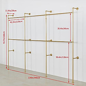 ZGZR Wall Mounted Industrial Pipe Clothing Garment Racks, Metal Clothing Store Display Stands Clothes Rack Multi-purpose Heavy Duty Hanging Rod for Closet Storage, 134in Gold