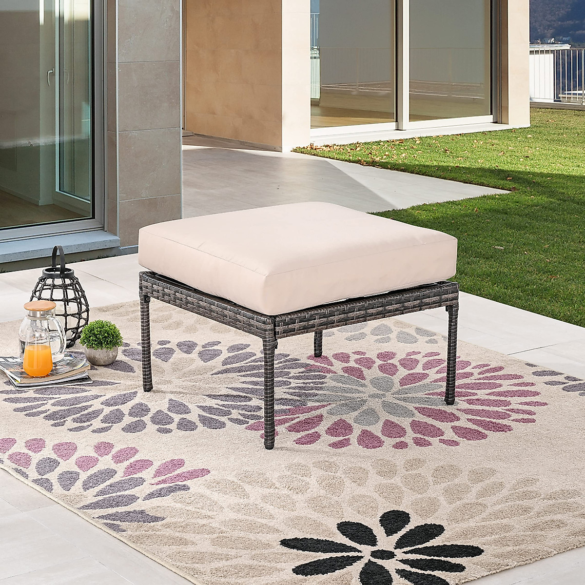 LOKATSE HOME 2 Piece Outdoor Footstool Patio Ottoman with Soft Thick Cushion for Garden Yard Deck Sunroom, Beige