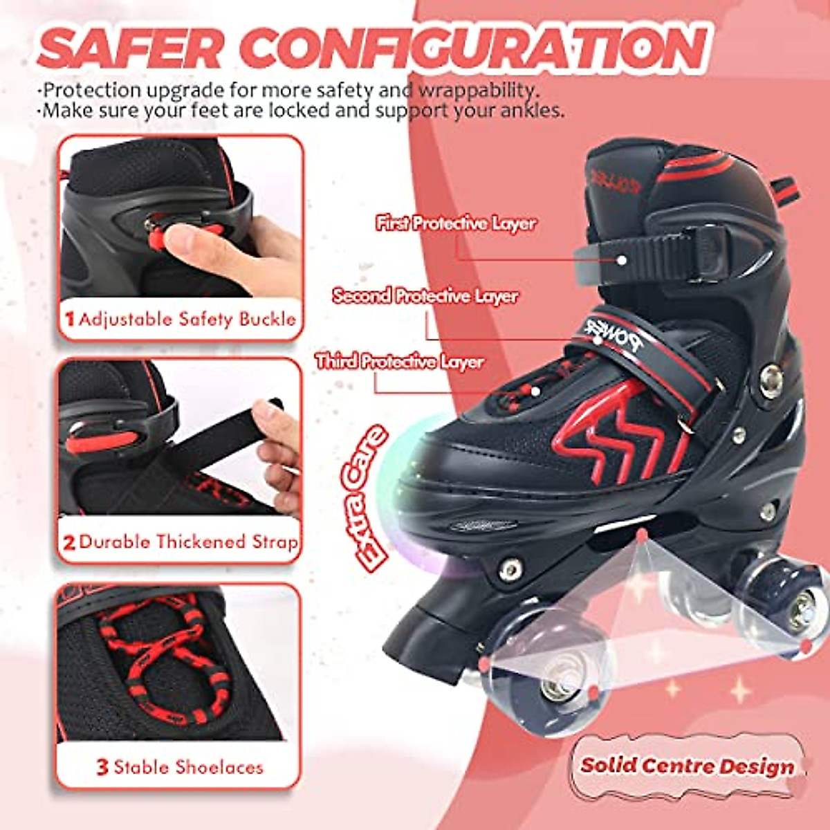 HXWY Kids Roller Skates for Boys Girls Child, Adjustable 4 Sizes Roller Skates for Kids and Youth with Light Up Wheels, Quad Black & Red Roller Skates for Sports (Little Kid 11J-1)