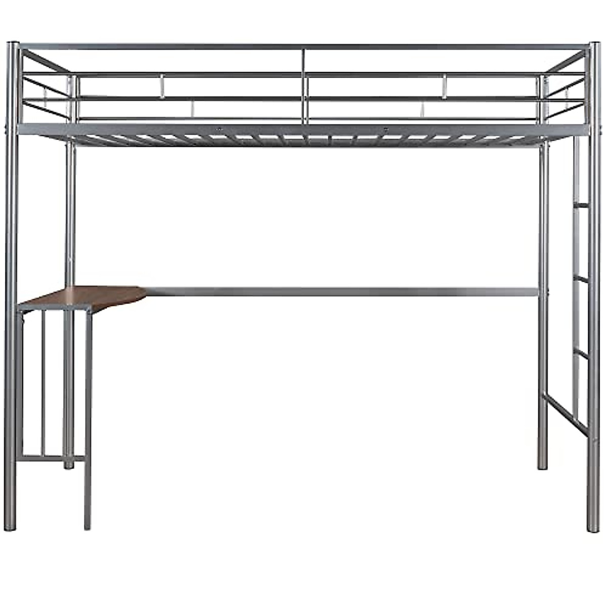 BOVZA Twin Size Loft Bed with Desk, Metal Bed Frame with Ladder and Guardrails, for Kids Teens Adults, Silver
