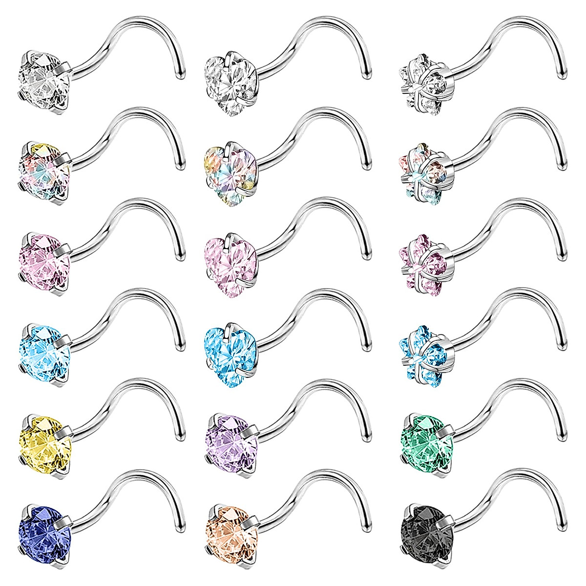 BodyAce 18pcs Stainless Steel Nose Studs Rings, 20 Gauge L Shaped stud Nose Rings for Women, Mix Colors 3mm Diamond CZ Nostril Nose Piercing Jewelry (A:Screw)