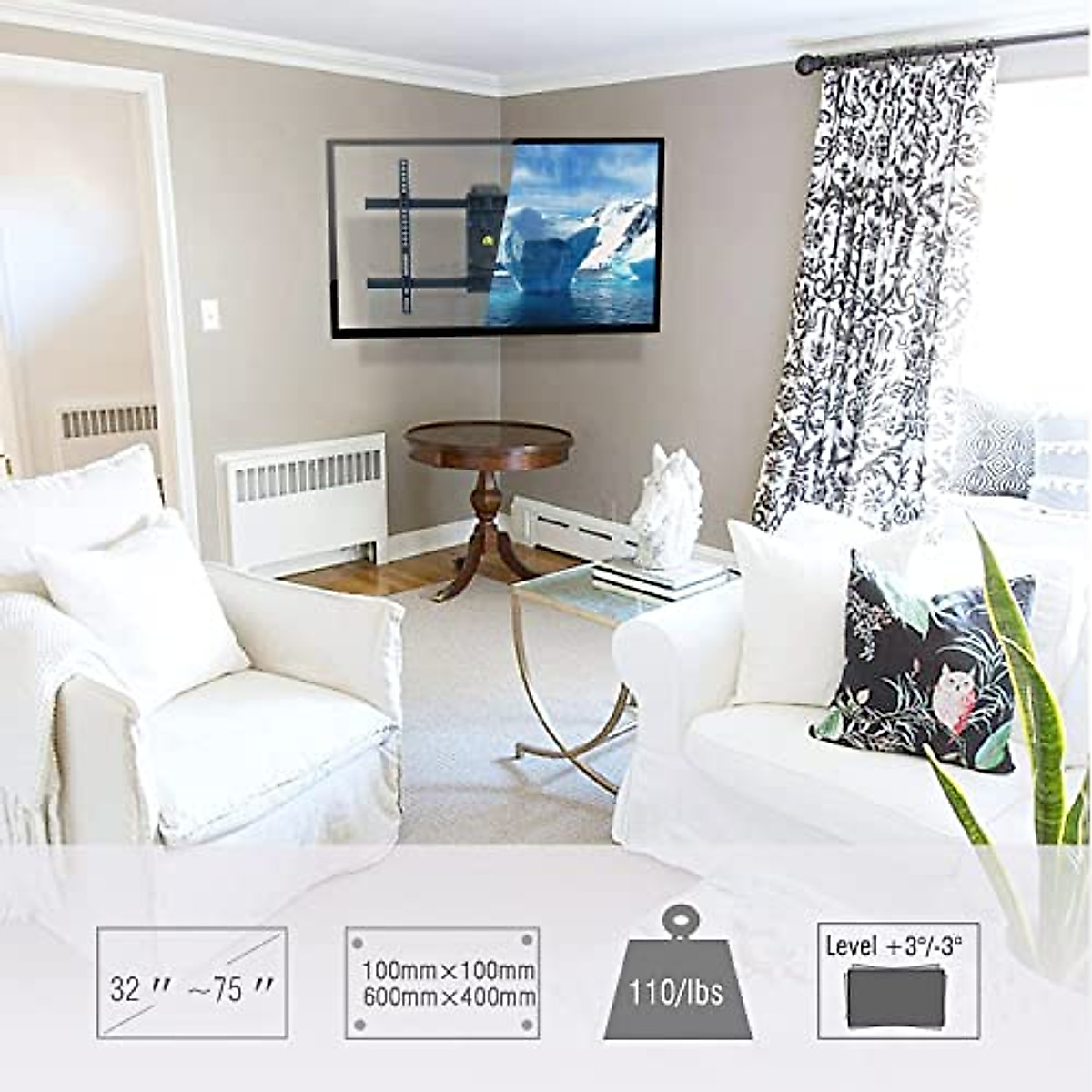 FORGING MOUNT Corner TV Wall Mount Long Arm TV Mount Bracket for 32"-75" TVs-Easy to Install Single Stud Design- 33" of Smooth Extension Plus Swivel,Tilt,Max VESA 600X400mm,Holds 100lbs