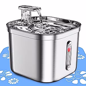 MISFANS Pet Water Fountain Stainless Steel,74oz/2.2L Automatic Water Dispenser with Water Level, Replacement Filter Kit and Silicone Mat Suitable for Cat, Dogs