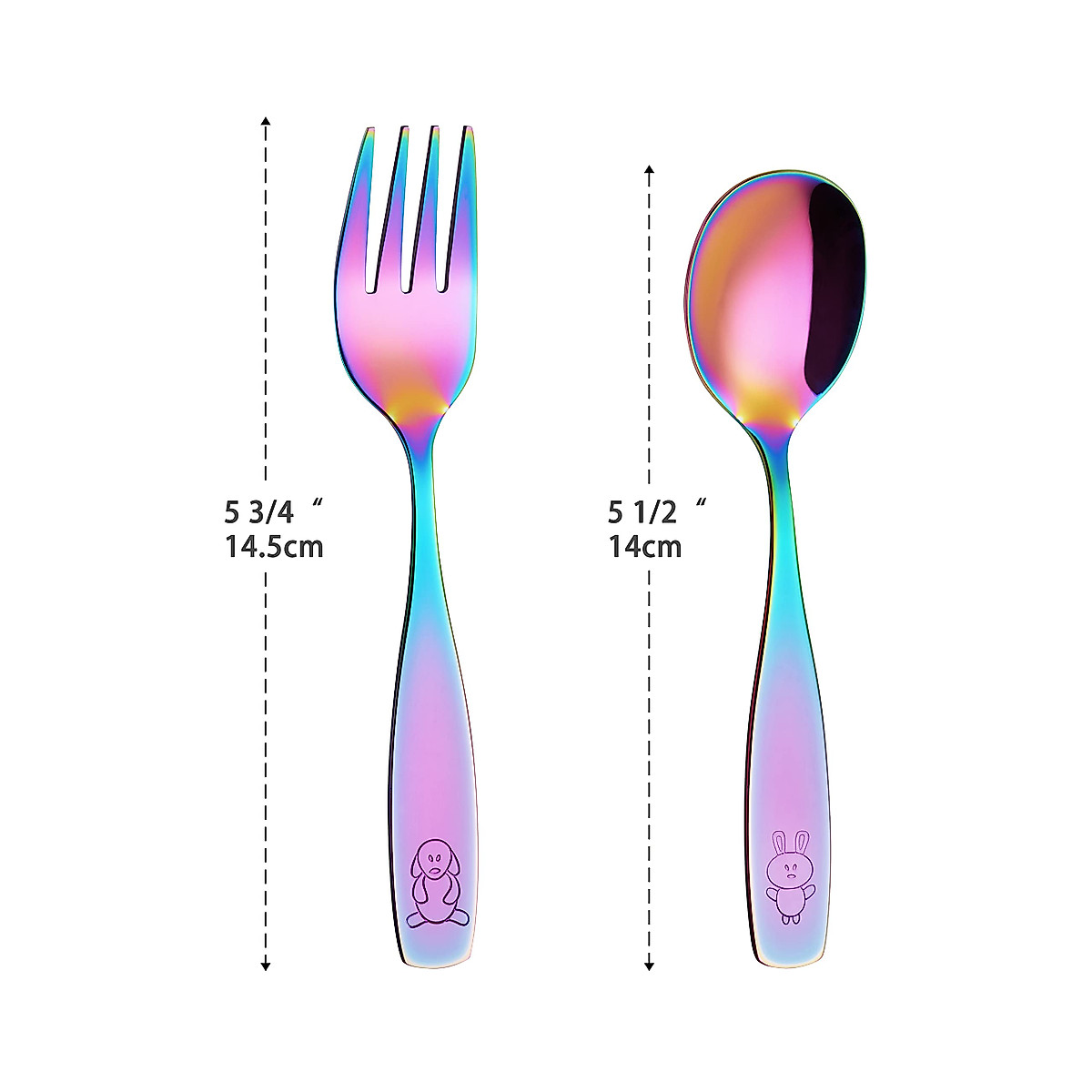 ANNOVA Kids Silverware Children's Safe Flatware Set Stainless Steel - Forks, Dinner Spoons, Toddler Utensils (Engraved Dog Bunny) (UV Rainbow,12 Pieces)
