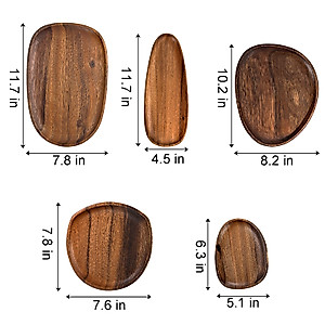 Okllen Set of 5 Acacia Wood Serving Platter and Trays, Irregular Oval Solid Wood Plates Serving Tray, Lightweight Wood Dinner Plates for Breakfast, Coffee, Tea, Snack, Plant, Housewarming Gift