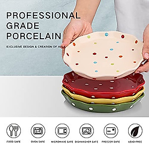 AVLA 4 Pack Porcelain Dessert Plates, 7.6 Inch Small Appetizer Salad Plate, Kitchen Serving Flat Dishes for Snacks, Appetizer, Ice Cream, Fruit, Wedding Cake Plate, Polka Dot