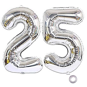 40 Inch Giant 25 Number Balloons Jumbo Silver Number Balloons Foil Helium Balloons for Festival Birthday Anniversary Supplies Home Office Decorations - Silver 25