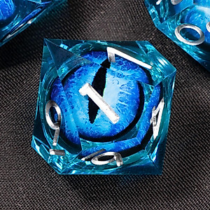 OUKELANWO Liquid Core Dragon Eye D&D Dice with Gift Box, 7 Piece Dungeons and Dragons Polyhedral DND Dice Set, Floating Blue Sharp Edge RPG D and D Role Playing Dice D20 D12 D10 D8 D6 D4