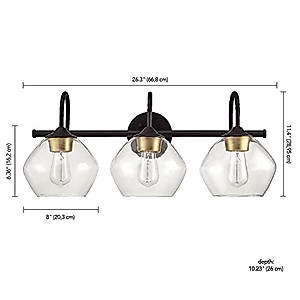 Globe Electric 51853 3-Light Vanity Light, Dark Bronze, Antique Brass Accents, Clear Glass Shade, Beauty Room Accessories, Bathroom Lights Over Mirror, Makeup Mirror Lights, Home Improvement