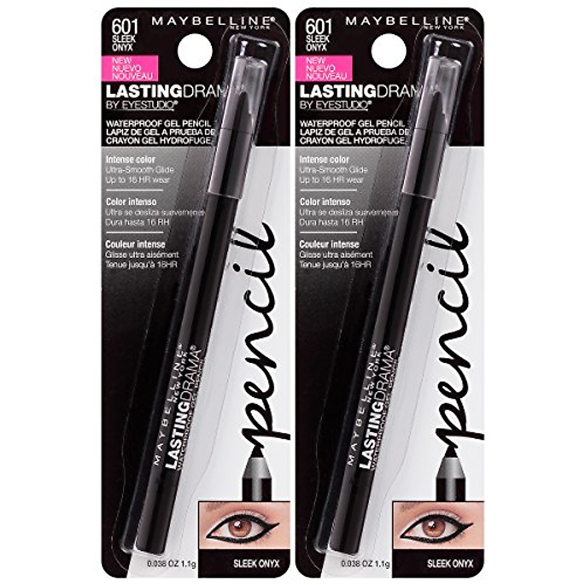 Maybelline New York Eyestudio Lasting Drama Waterproof Gel Pencil Makeup, Sleek Onyx, 2 Count