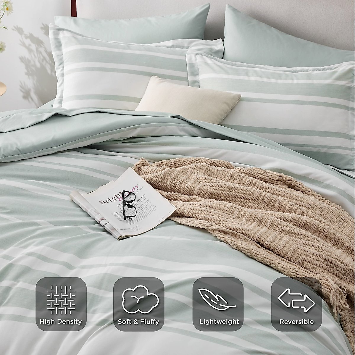 Bedsure Twin Comforter Set 5 Pieces, Sage Green Striped Bedding Set for Twin Size Bed Reversible, Cationic Dyeing Bed in a Bag with Comforter, Sheets, Pillowcase & Sham