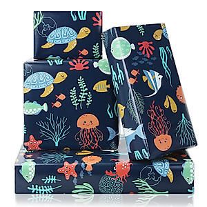 Ocean Themed Birthday Wrapping Paper For Kids Girls Boys, Under the Water Animal Coastal Design Gift Wrap Paper for Birthday Baby Shower Children's Day, 4 Sheets Folded Flat 20x28 Inches Per Sheet
