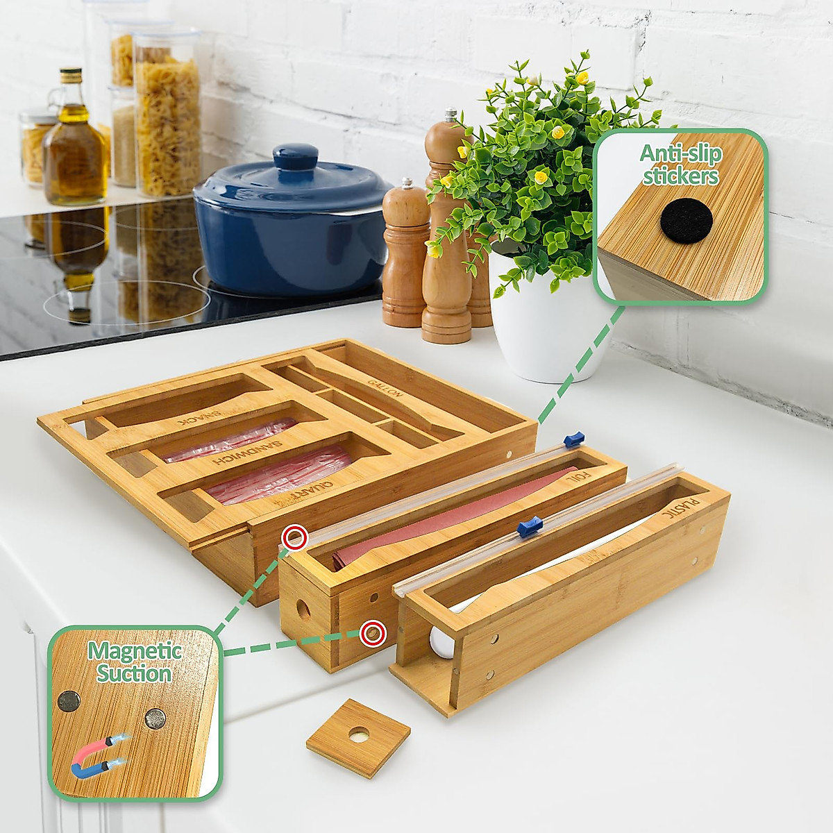 6 in 1 Plastic Bag Organizer with mag Foil and Saran Wrap Dispenser With Cutter For Kitchen Drawer- Bamboo Food Storage Organizer Perfect For Plastic Ziploc，Gallon，Quart Variety Size Bags & 12” Rolls