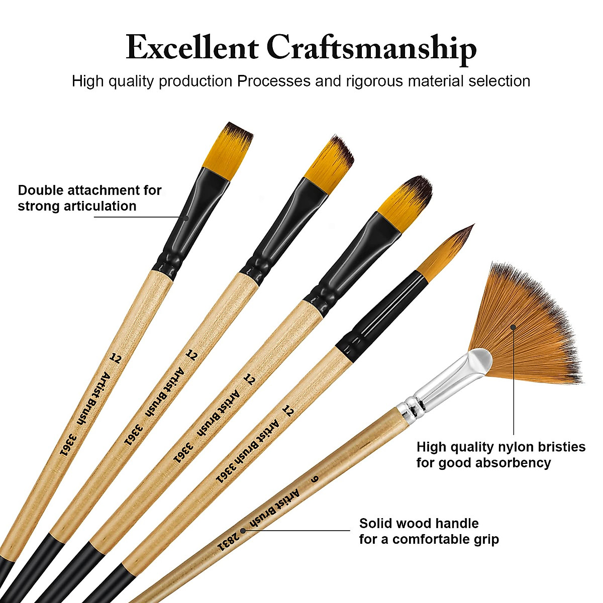 Bougimal 32 Pieces Paint Brush Set, Artist Series, Nylon Bristles with Round, Filbert, Flat, Fan, Angle, Detail Brush, Suitable for Artists and Beginners for Acrylic Painting, Oil, Watercolor, Gouache