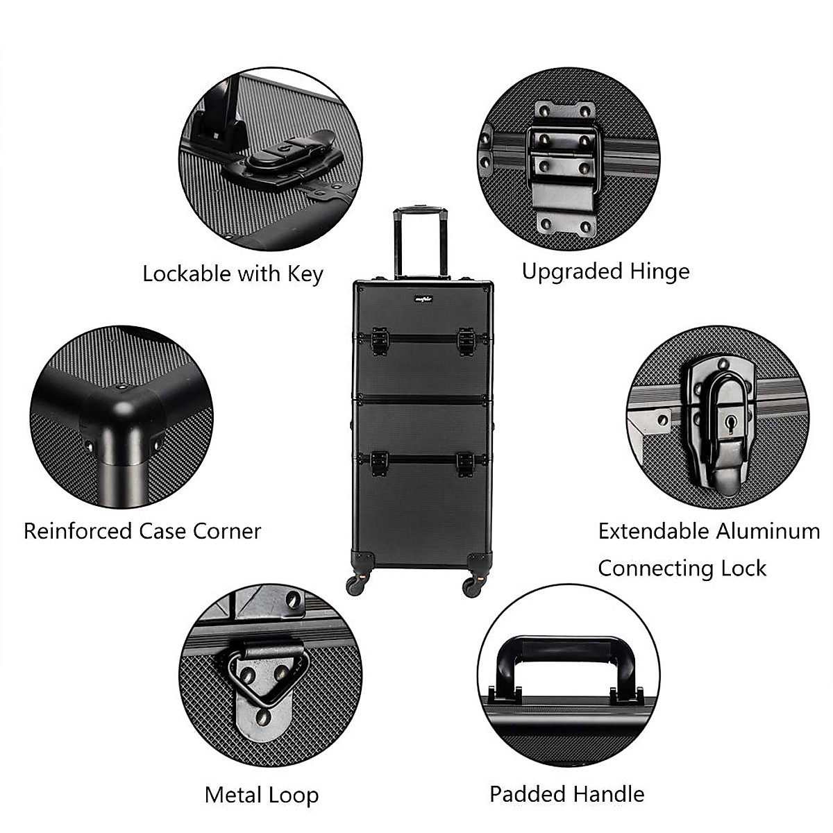 mefeir 2 in 1 Rolling Makeup Train Case, Travel Makeup Organizer Cosmetic Display Case, Aluminum Cosmetology Supply Suitcase on Wheels, Beauty Storage Luggage Lockable w/4 Removable Wheels (Black)