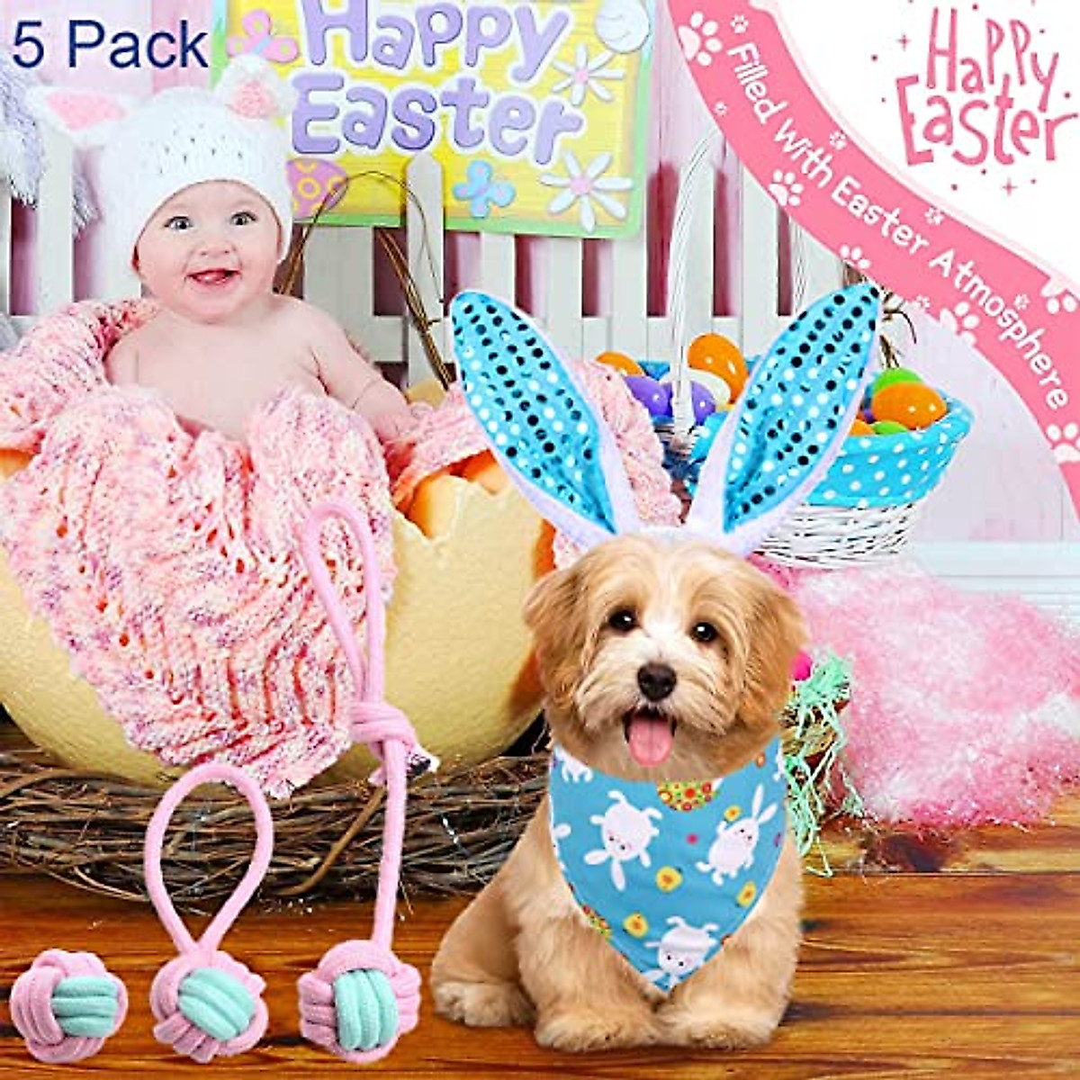 Dog Easter Bunny Costume, 5 Pieces Sequin Pet Rabbit Ears Headband Headwear, Rabbit Egg Bandana, Teething Chew Rope Ball Toy Set, Dog Easter Costumes for Small Medium Dogs Puppy Party Accessory (Blue)