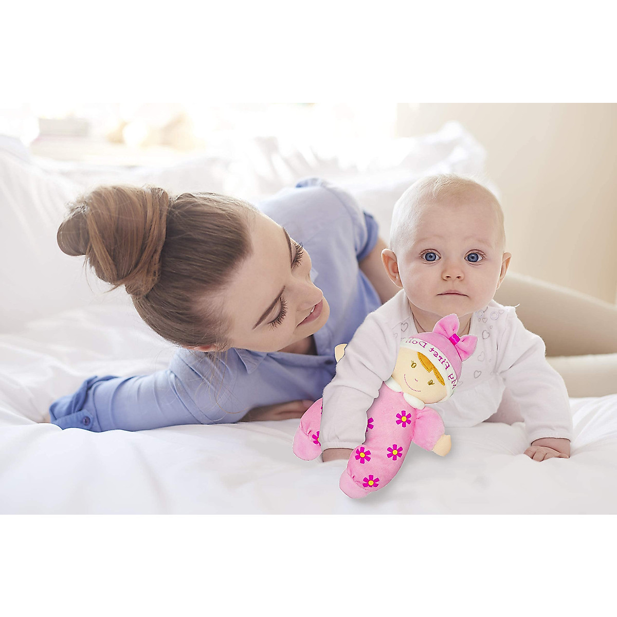 June Garden 9" My First Doll Sienna - Soft Plush Baby Doll with Rattle - Pink Outfit