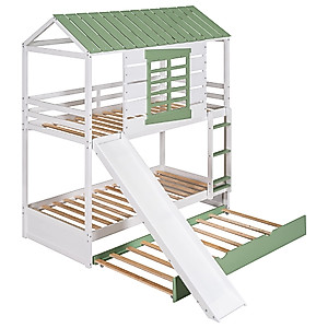 MERITLINE House Bunk Bed with Slide for Kids,Twin Over Twin Bunk Bed with Trundle and Ladder,Wood Bunk Bed Frame with Roof and Window Design, for Kids Girls Boys(White+Green)