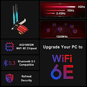 WiFi 6E AX210 WiFi Card，PCIe WiFi Wireless Network Card with Bluetooth 5.3，AX5400 Tri-Band PC Wireless Card，Supports OFDMA & MU-MIMO, Ultra-Low Latency, WPA3, Low-Profile Bracket, Windows 10/11
