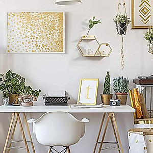 Fasyou Hexagon Floating Shelves Cute Gold Honeycomb Shelves Wall Mounted Shelves with Metal Bracket Rustic Solid Wood Wall Shelves for Living Room,Bedroom,Gold