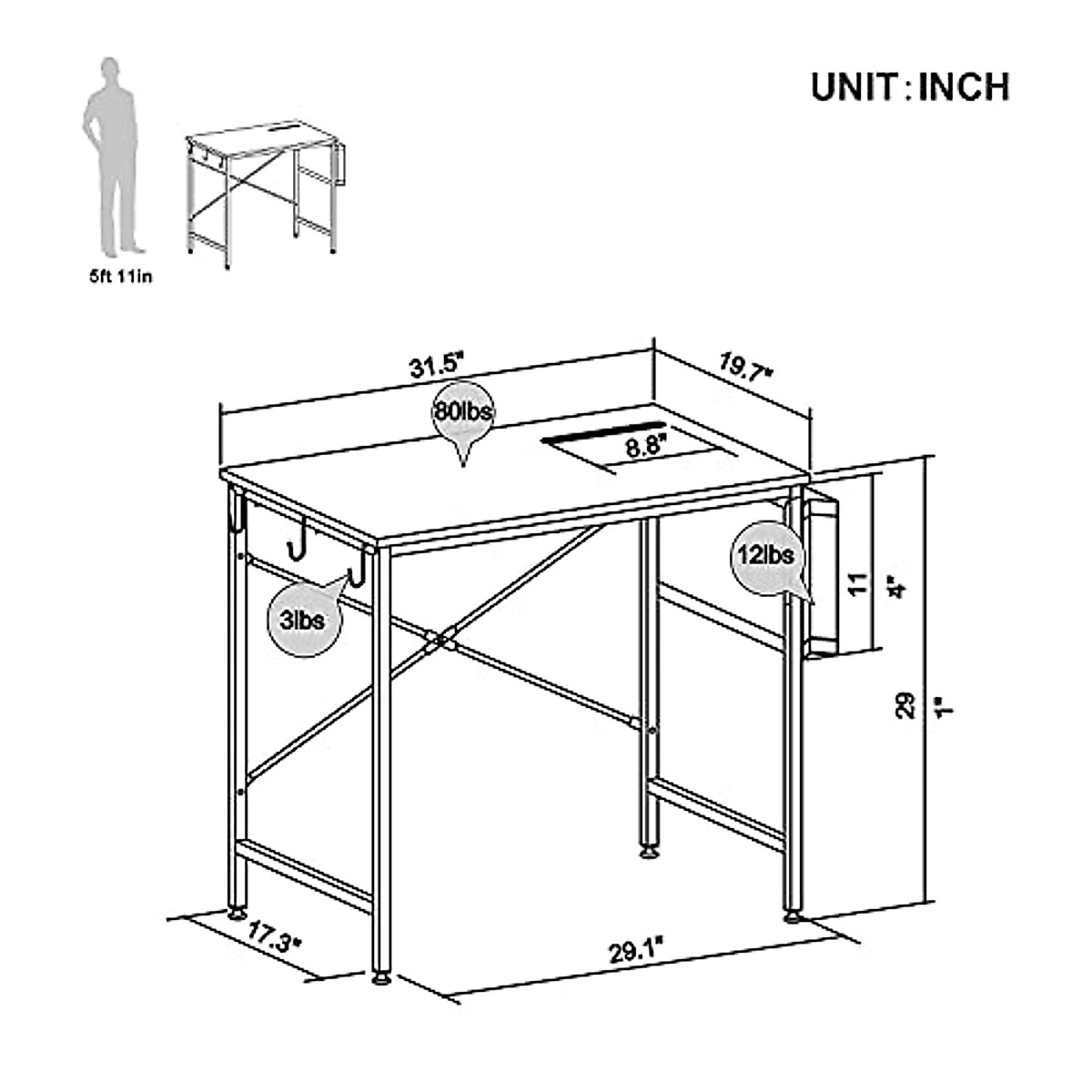 Bestier Computer 32 Inch Modern Mini Style Office Desk with Adjustable Metal Frame, Storage Bag, and Working Table for Small Bedroom Space, Grey
