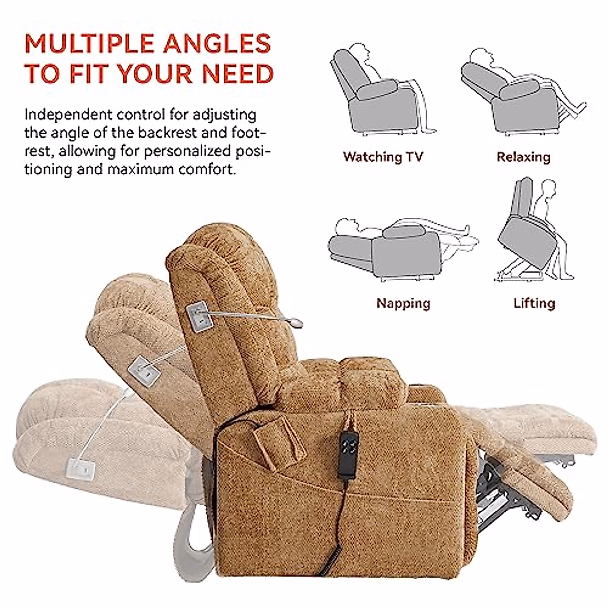 Creatuis Large Lift Recliner Chair for Elderly with Massage and Heat Lay Flat Electric Power Lift Chair LED Reading Light USB Port Cup Holders Side Pocket Plush Chenille (Light Brown)