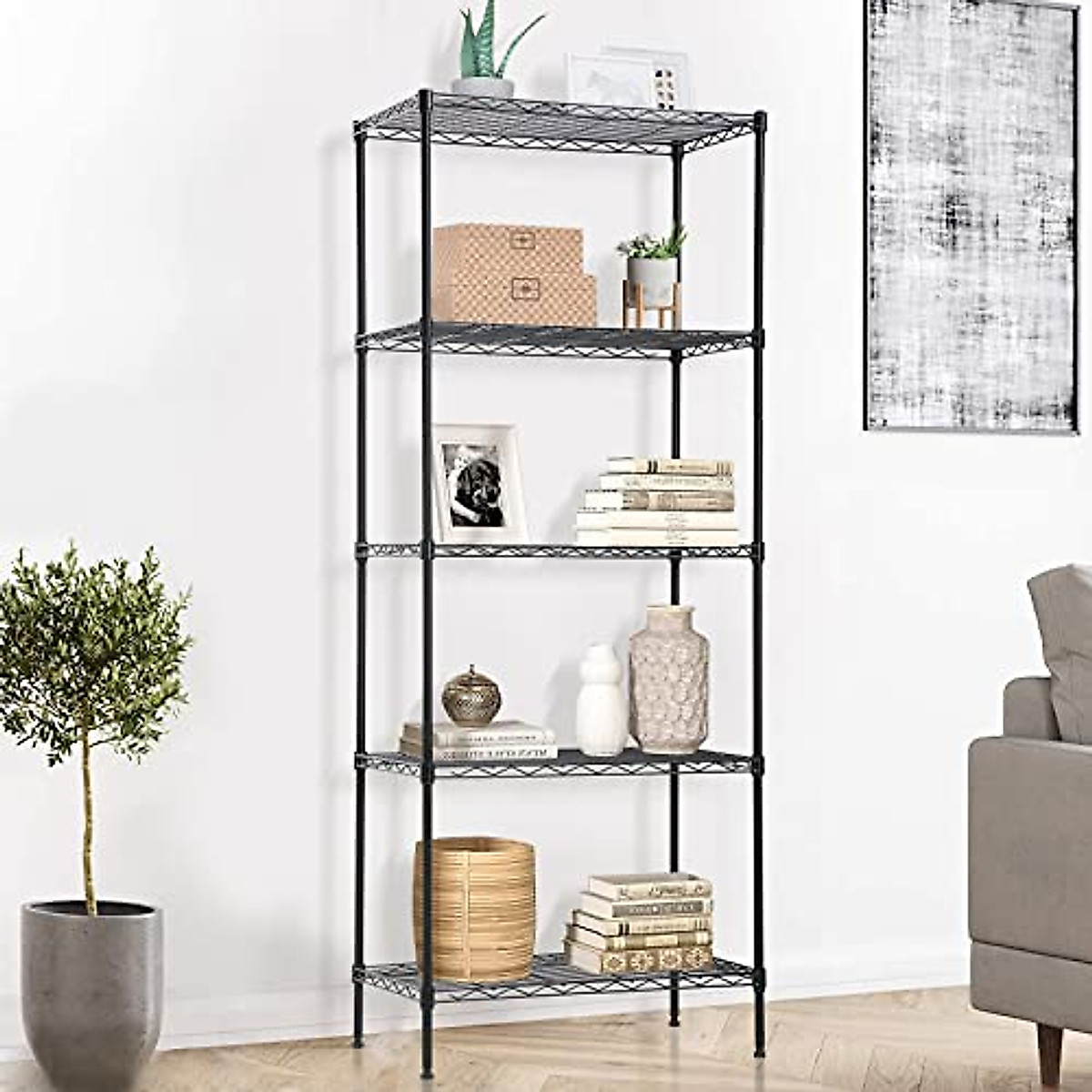 HKLGorg 5-Tier Wire Shelving Unit Metal Shelves Heavy Duty Layer Shelf Commercial Grade Storage Shelves 24" L x 14" W x 60" H Wire Rack with Leveling Feet for Kitchen Office Garage, Black