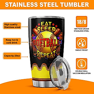 HUBUPU Tumbler 20 Oz With Lid And Straw, Softball Gifts, Softball Repeat Colorful