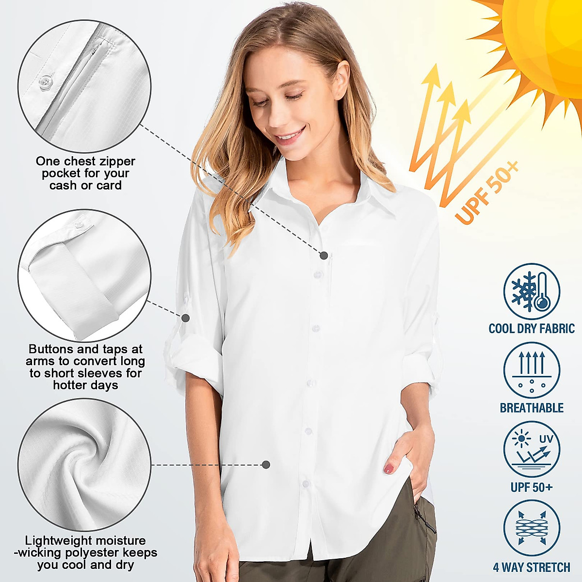 Women Sun Protection Shirts Long Sleeve UV Fishing Hiking Button Safari Dry Quick Lightweight Lightweight Shirts,5019 White,Medium